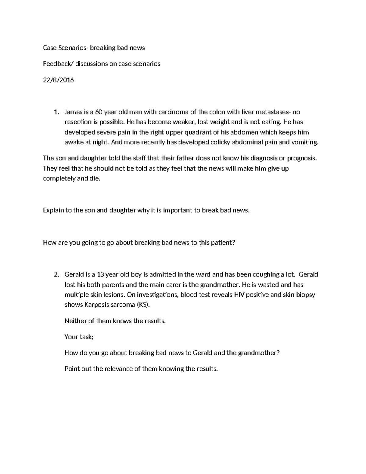 Breaking Bad News: Case Scenarios for Medical Professionals - Studocu