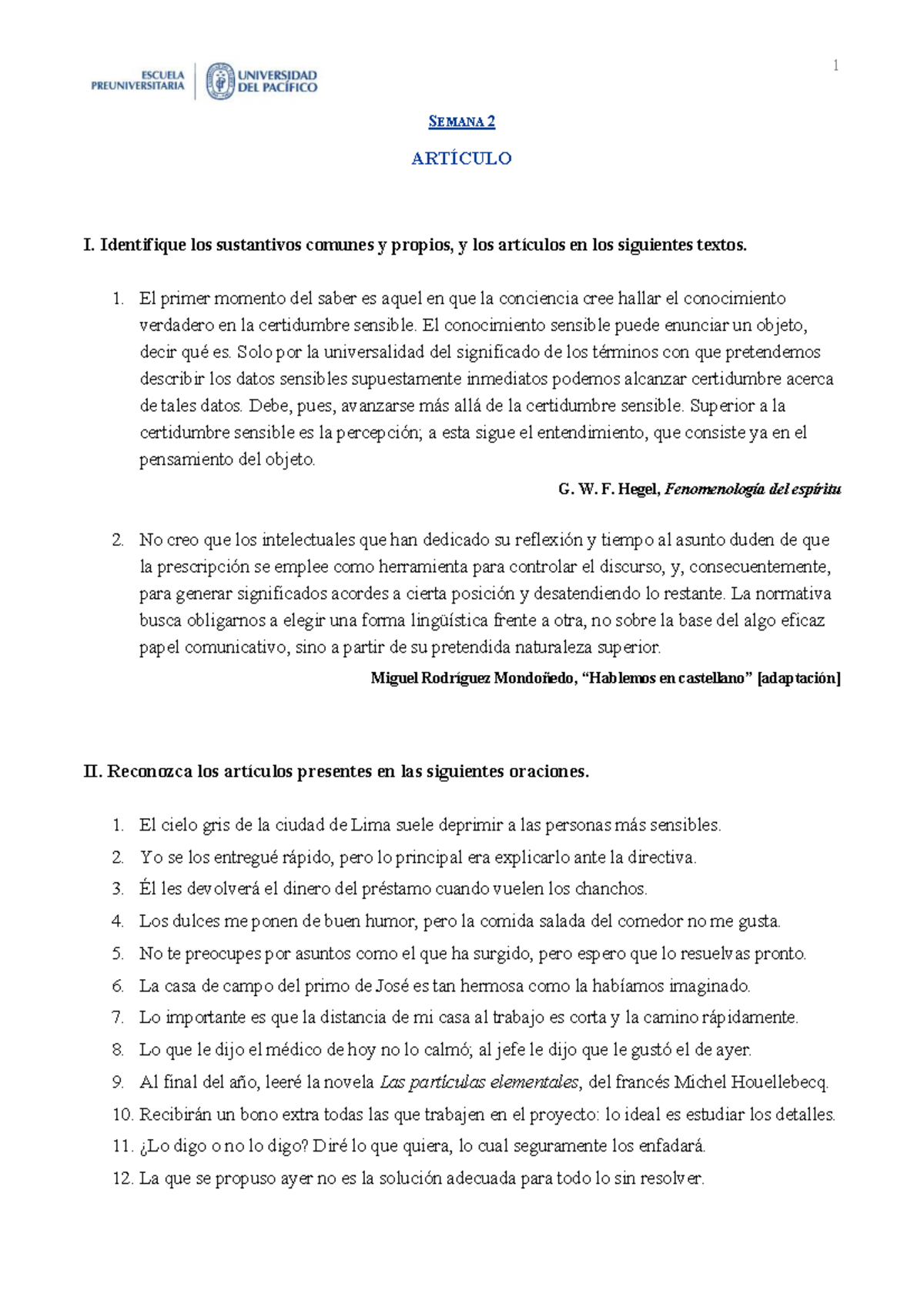 1 SEMANA 2 ARTÍCULO I: Análisis de Sustantivos y Artículos en Textos ...