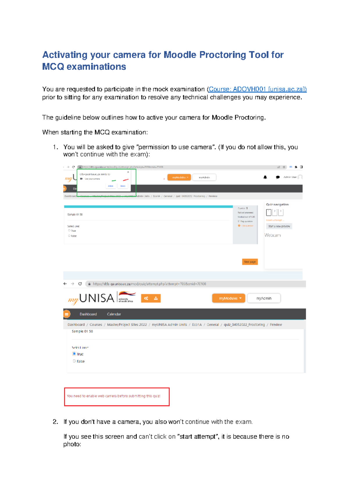 Activating Your Camera for Moodle Proctoring in ADOVH001 MCQ Exam - Studocu