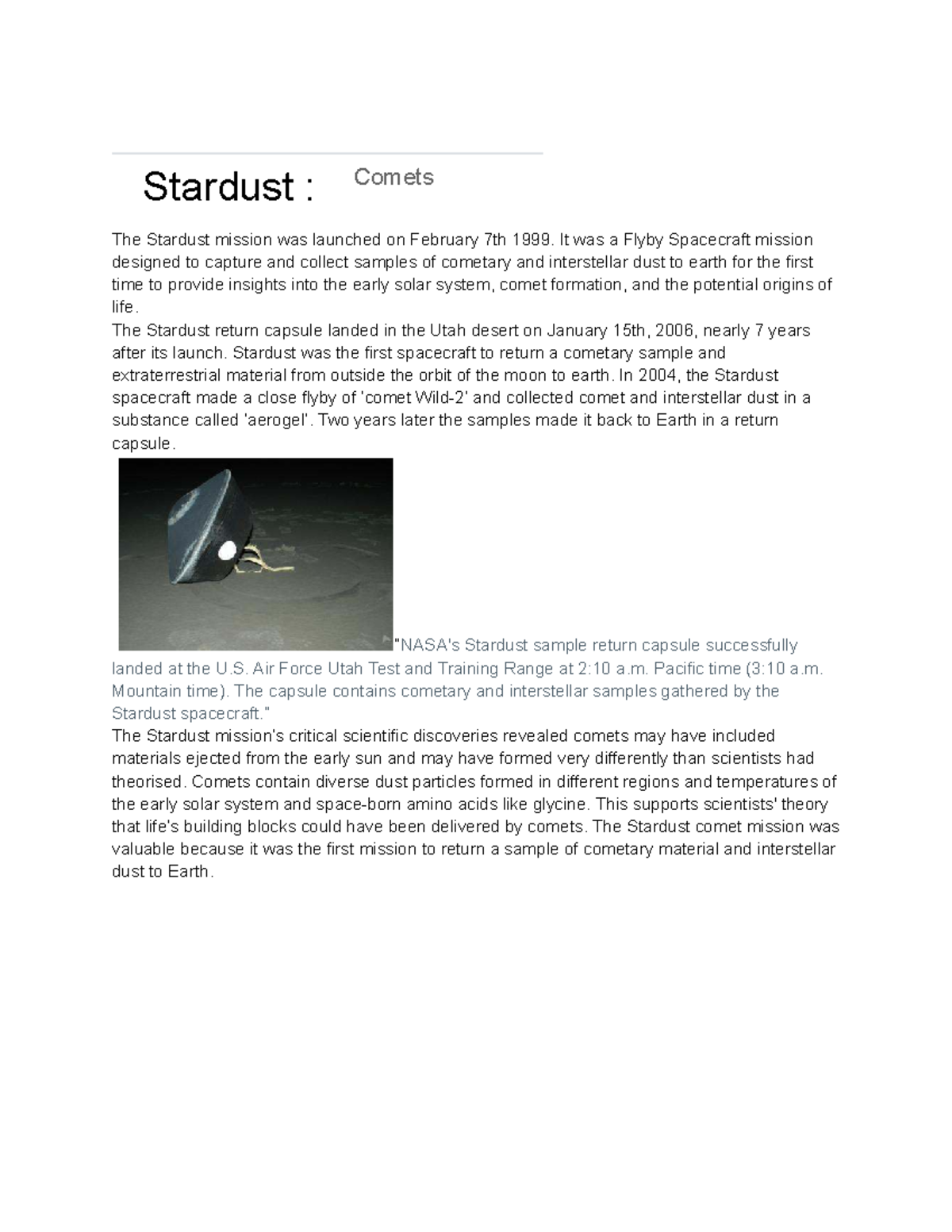 Stardust Mission: Cometary Sample Return Notes - Studocu