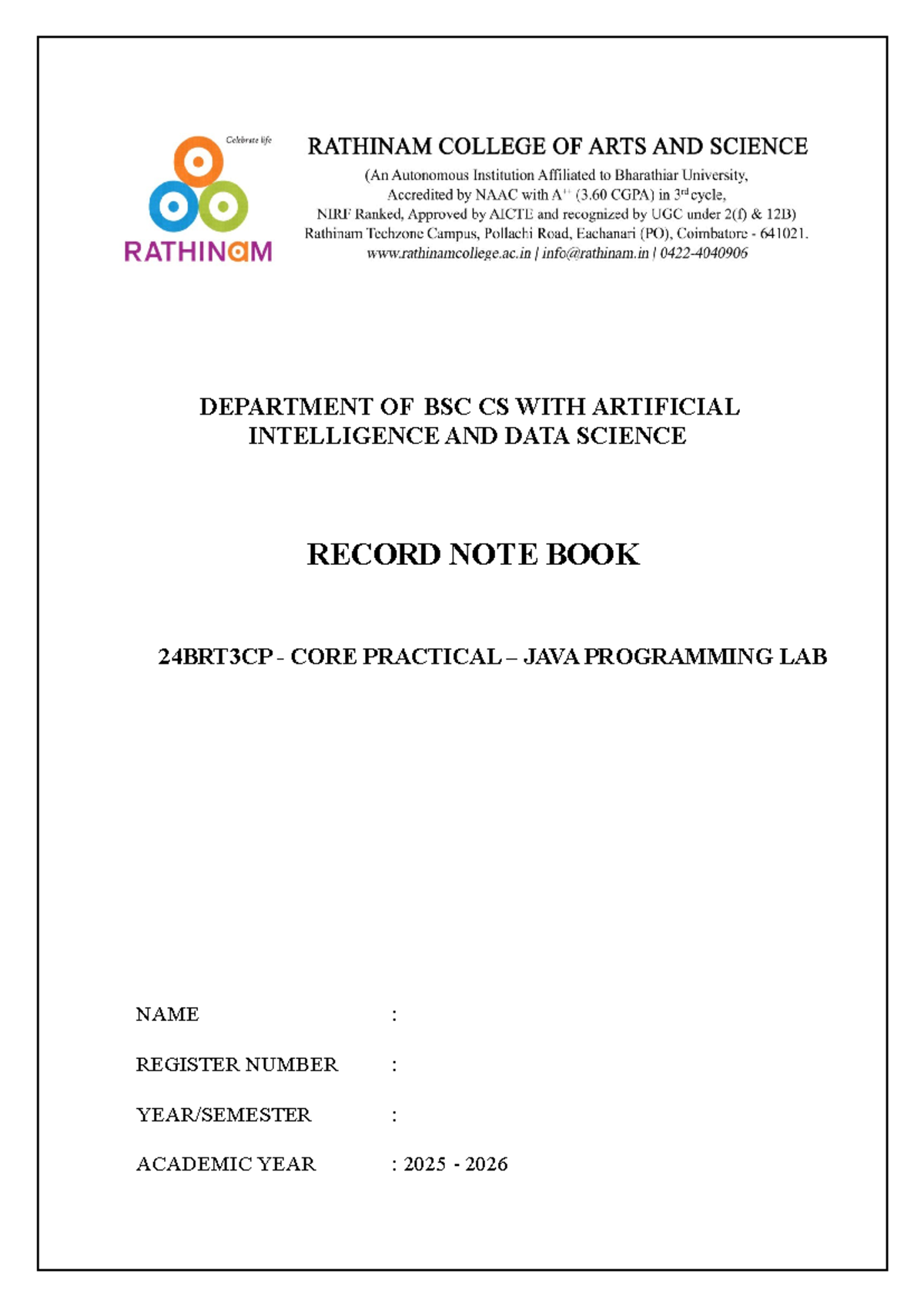 Front Page JAVA LAB - jnjc - DEPARTMENT OF BSC CS WITH ARTIFICIAL ...