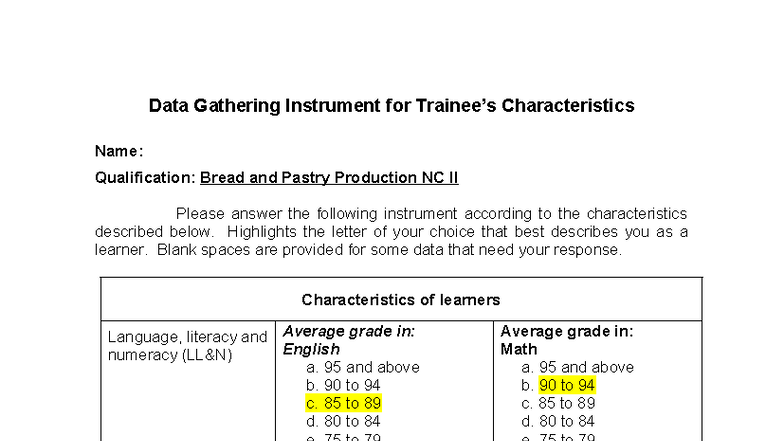 PTS-2 Data Gathering Instrument for Trainee Characteristics - Studocu