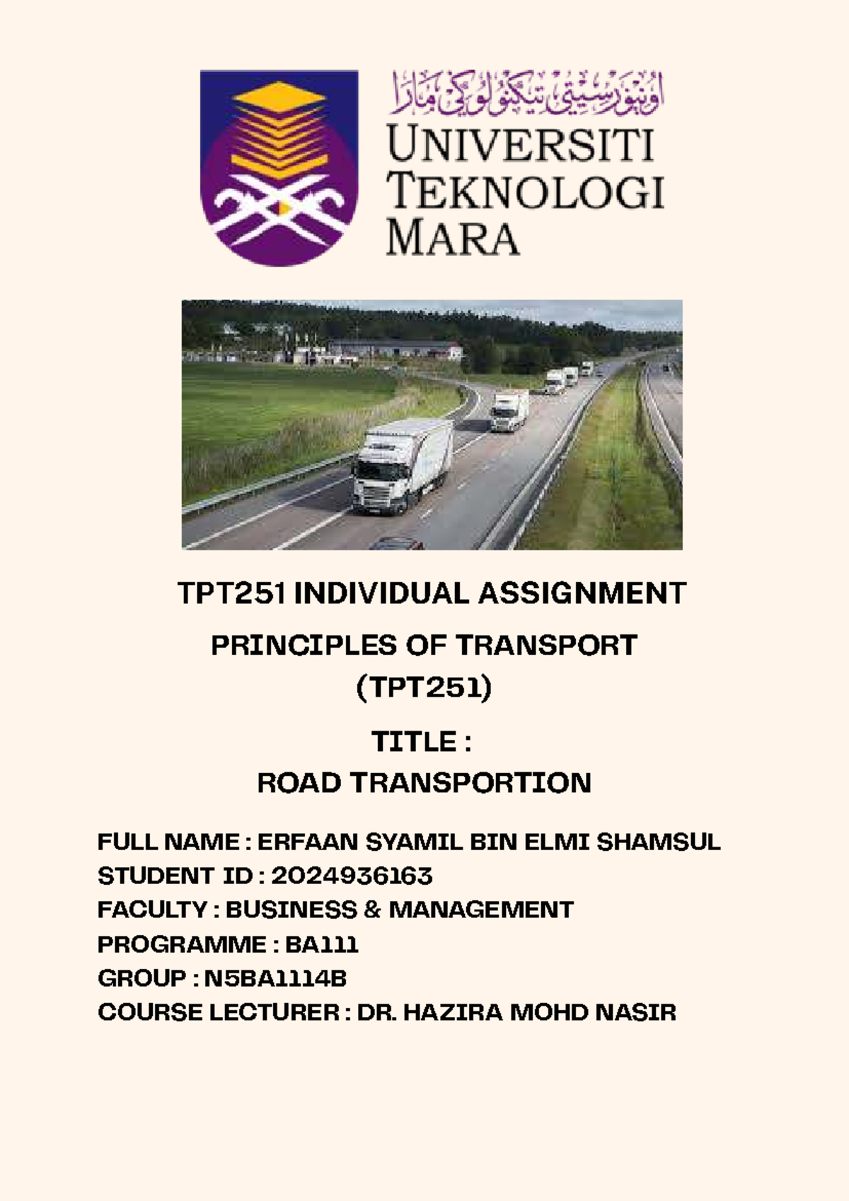 TPT251 Individual Assignment: Road Transportation Analysis - Studocu