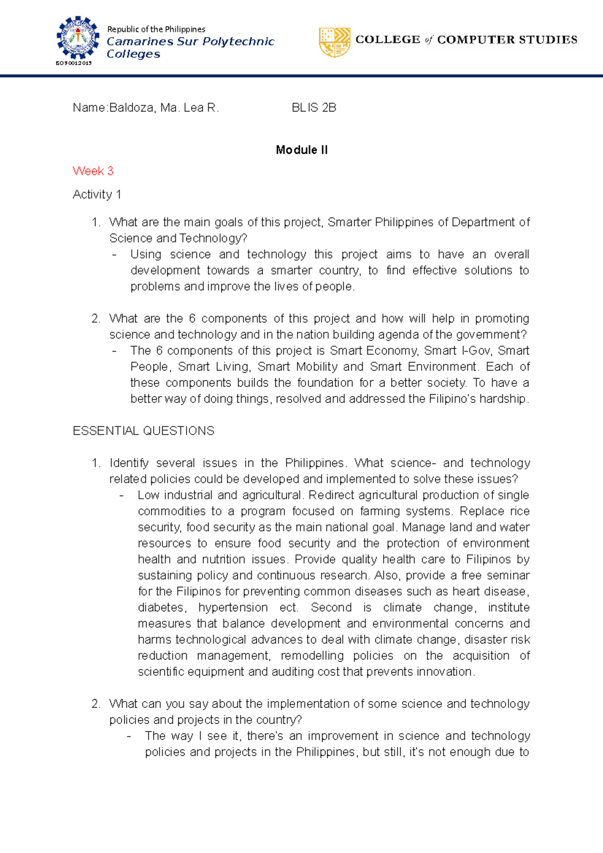 Module II - NoneNo - Name:Baldoza, Ma. Lea R. BLIS 2B Module II Week 3 ...