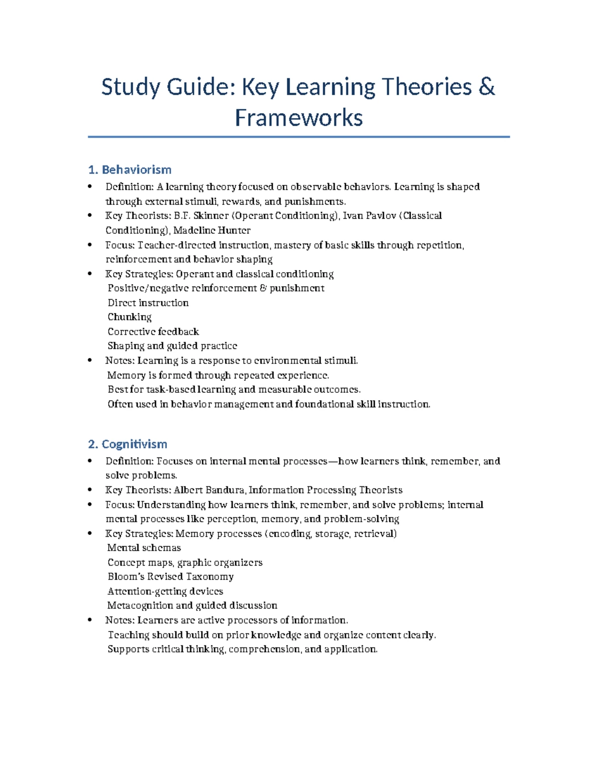 Key Learning Theories Graphic Organizer: Behaviorism & Cognitivism ...