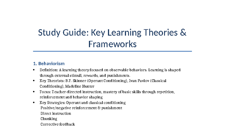 Key Learning Theories Study Guide for Educational Psychology (EDU101 ...