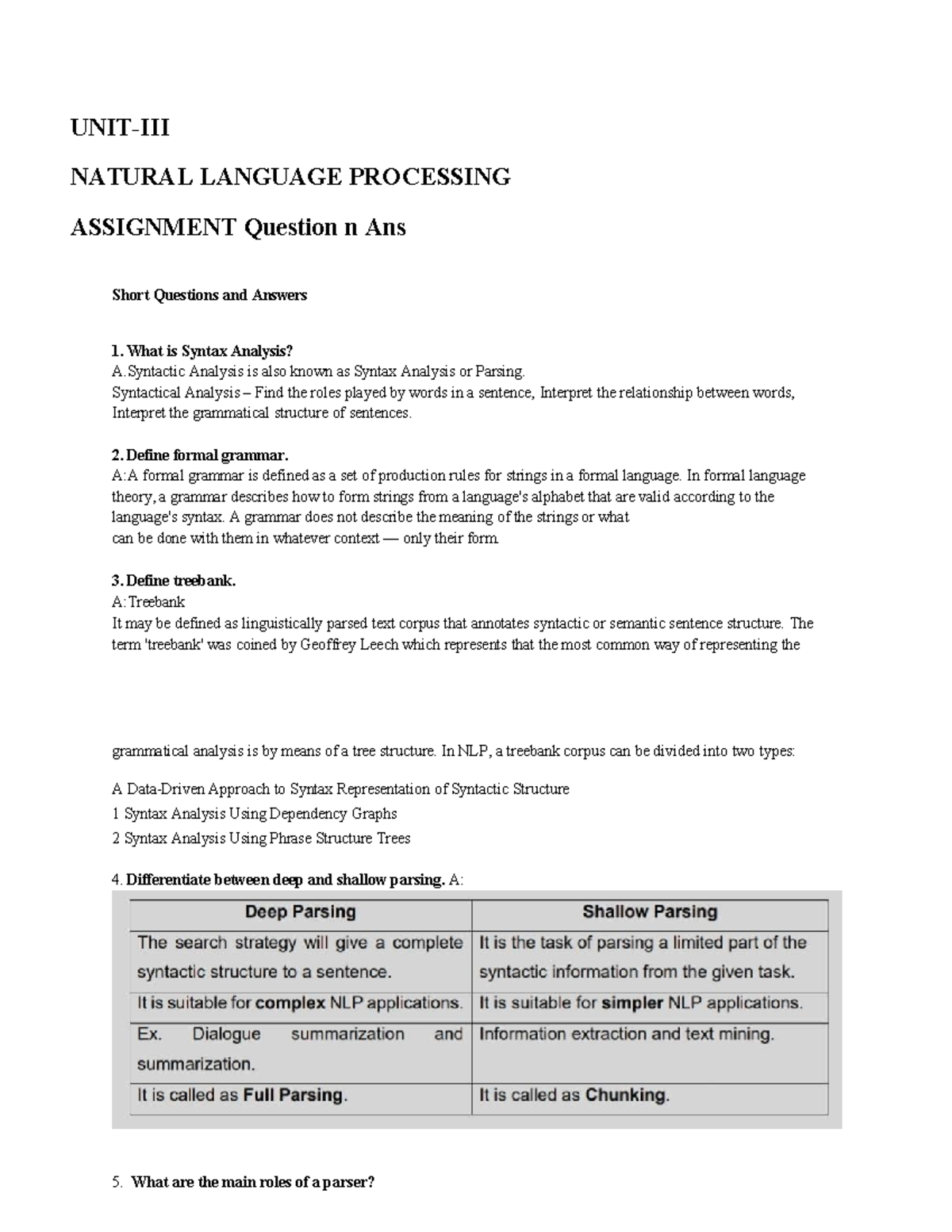 NLP 101: Unit 2 Assignment - Short Questions & Answers on Syntax ...