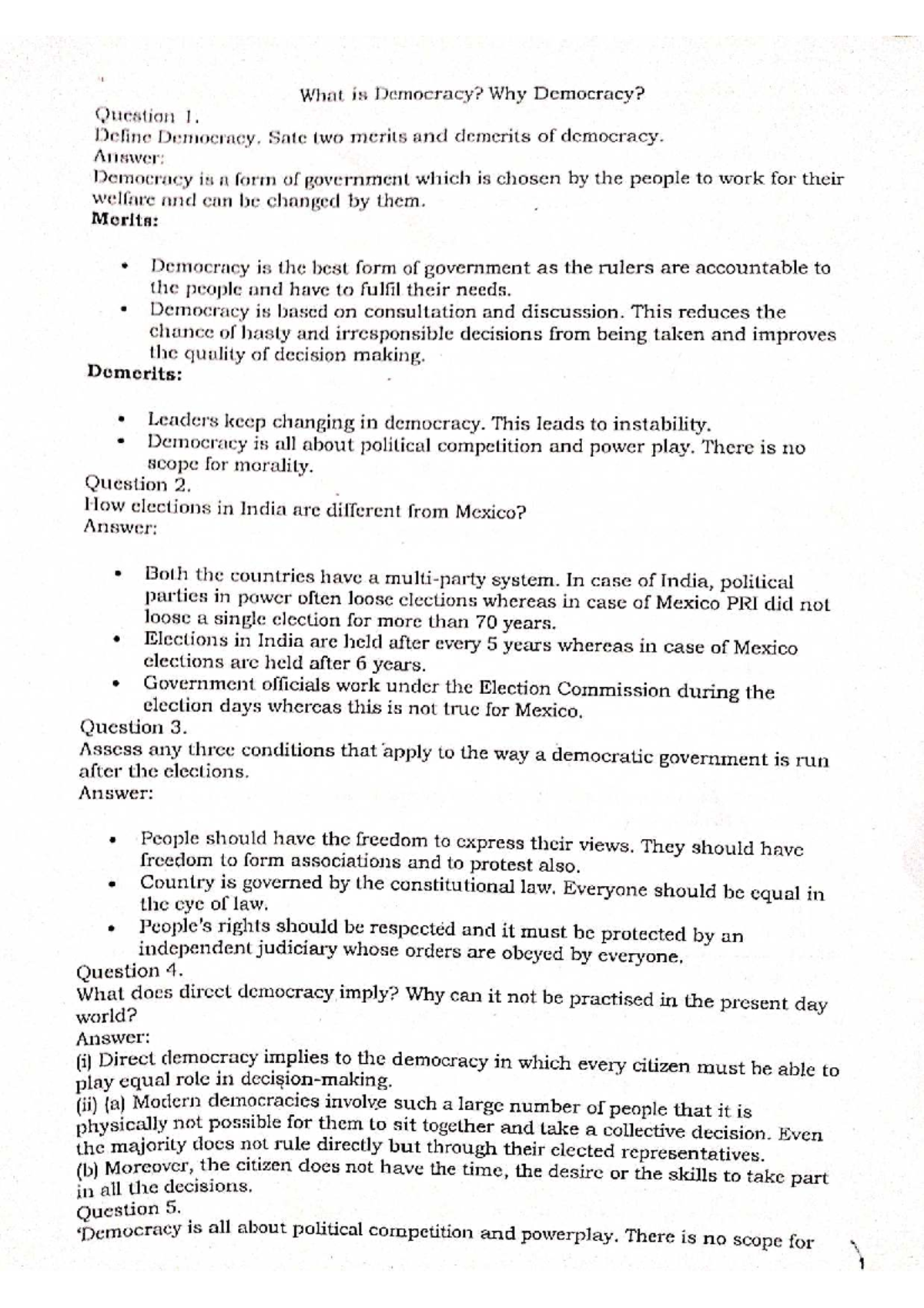Democracy: Key Concepts and Comparisons - Class 9 Important Questions ...