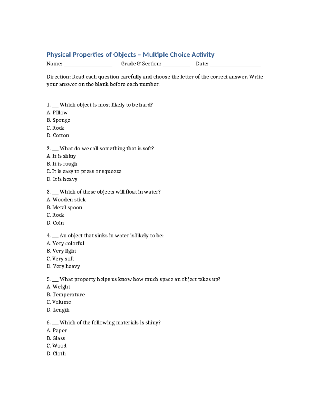 Grade 3 Physical Properties of Objects MC Activity - Studocu