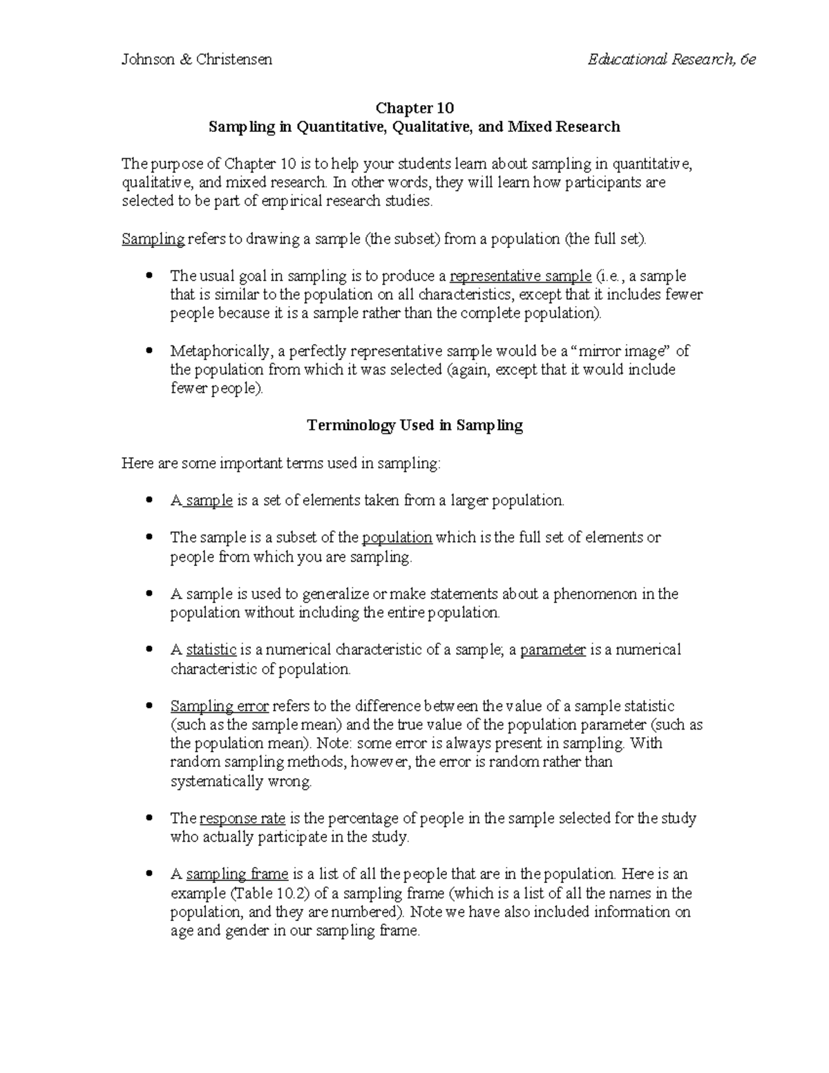 Johnson Christensen Educational Research, 6e Chapter 10: Sampling ...