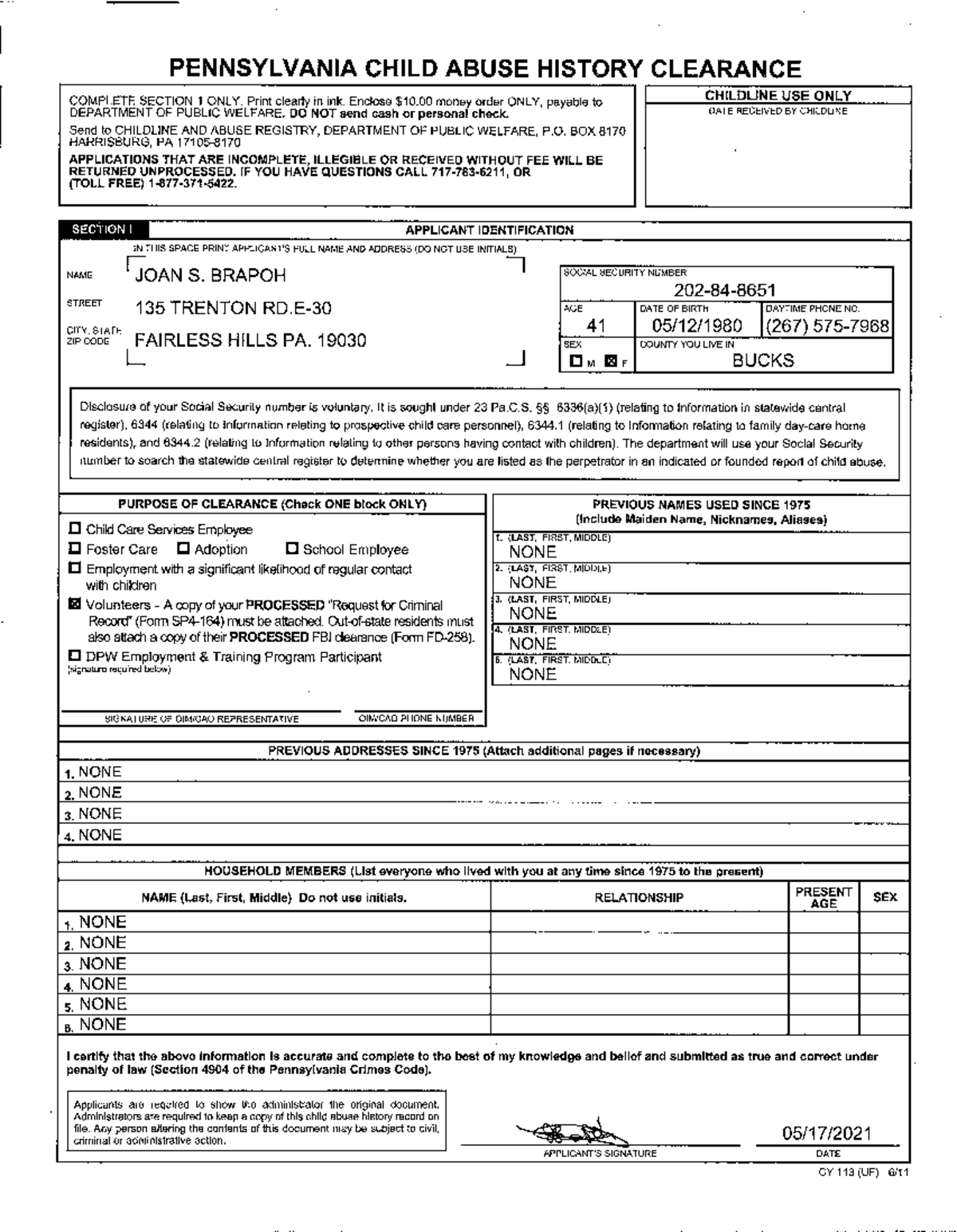 Library Document Station - PENNSYLVANIA CHILD ABUSE HISTORY CLEARANCE COMPLETE SECTION 1 ONLY ...