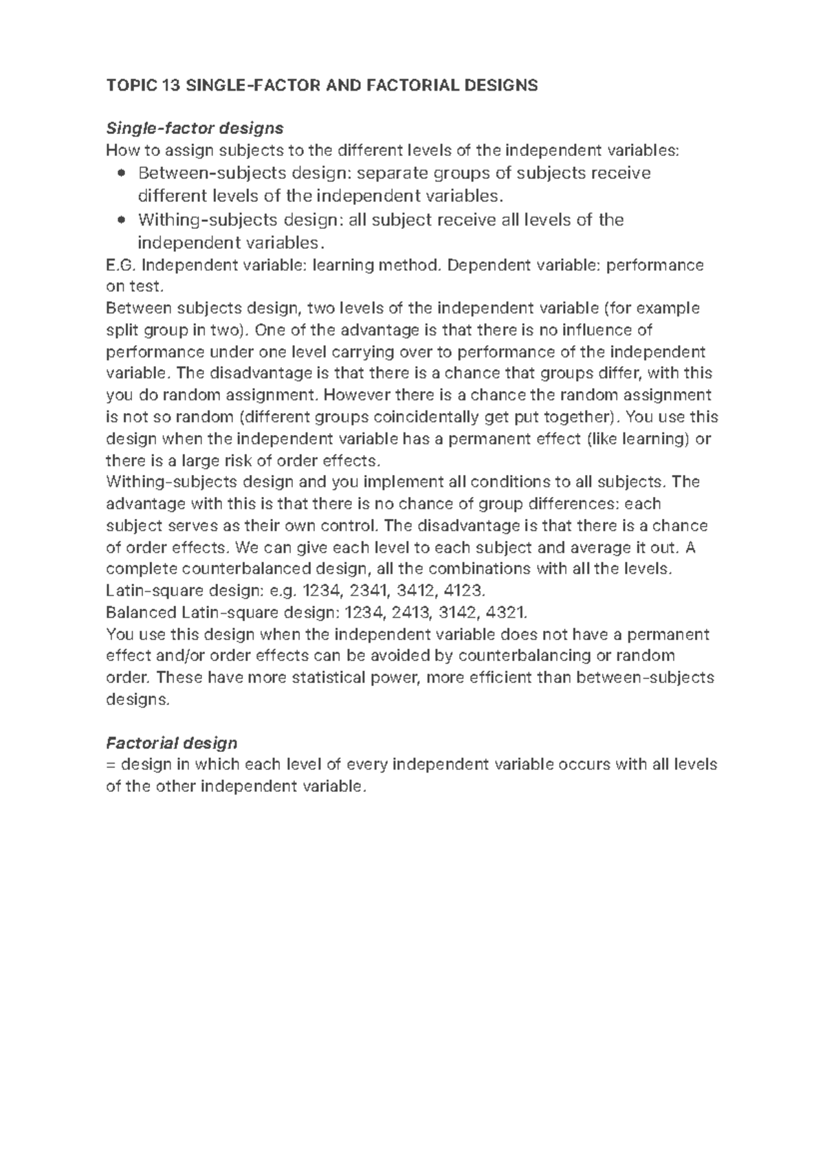 Topic 13: Single-Factor and Factorial Designs Overview - Studeersnel