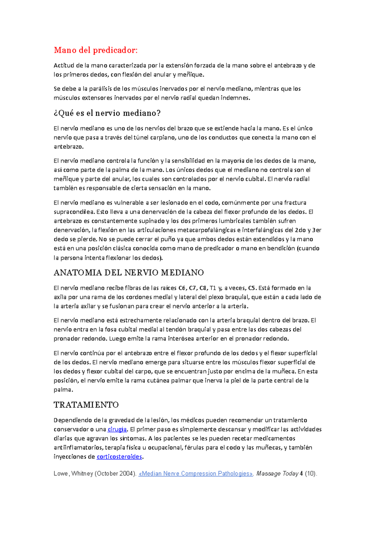 "Mano del predicador y anatomía del nervio mediano" - Studocu