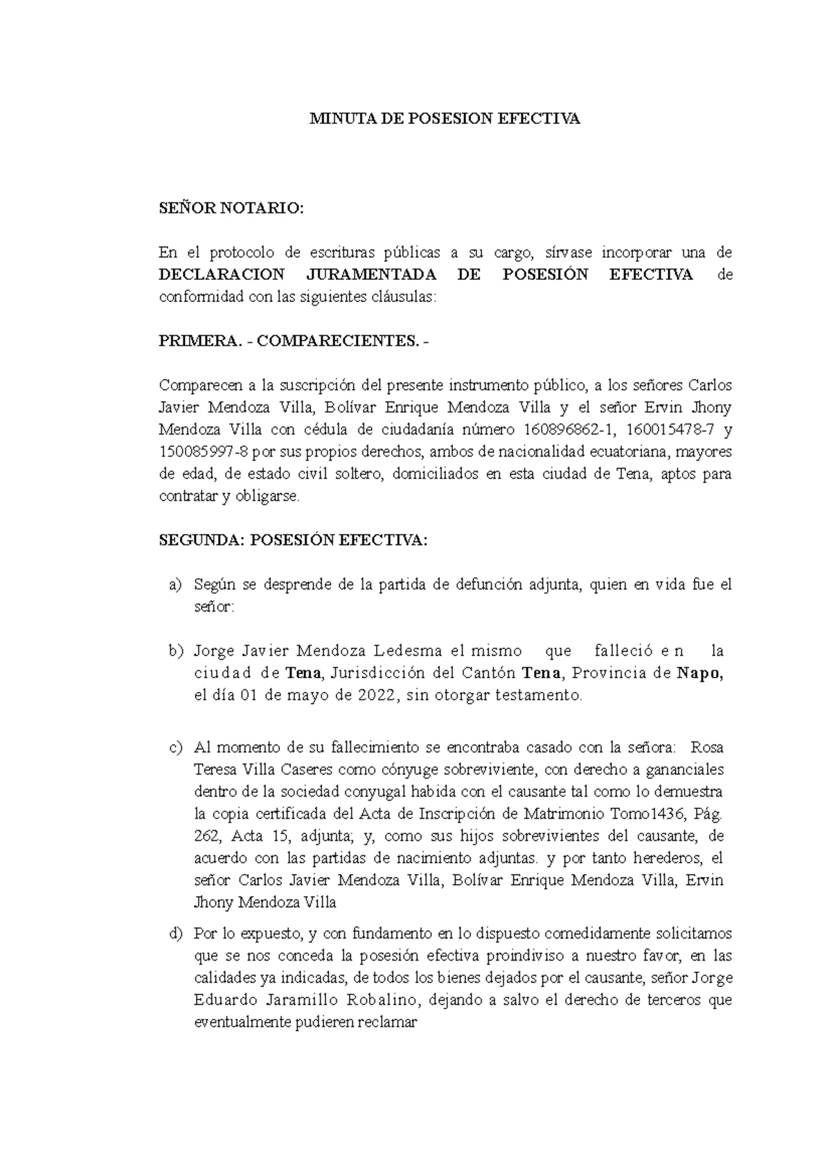 Modelo Notarial Minuta DE Posesion Efectiva - MODELO NOTARIAL MINUTA DE ...