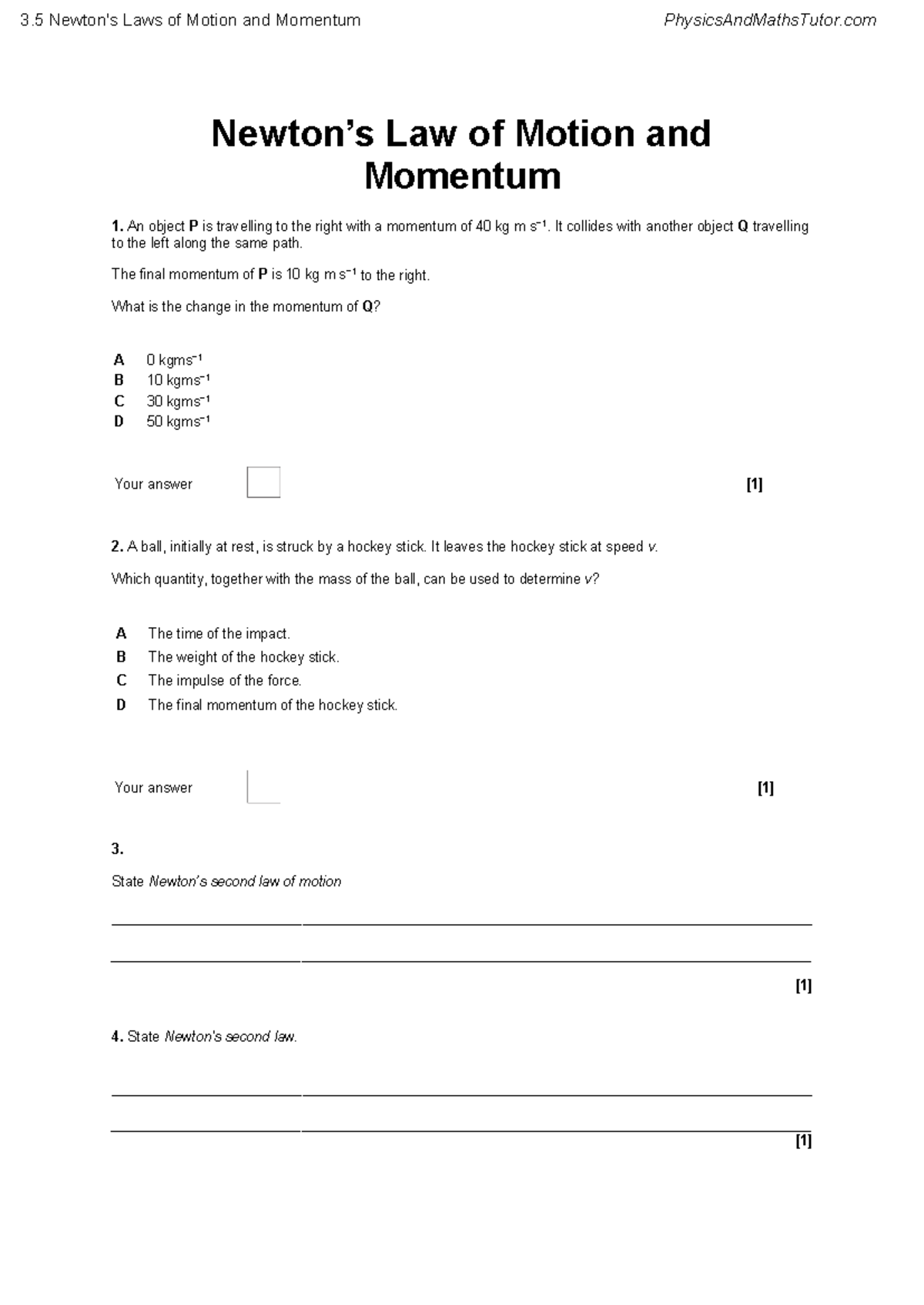 3.5 QP: Newton's Laws of Motion & Momentum Quiz Paper - Studocu