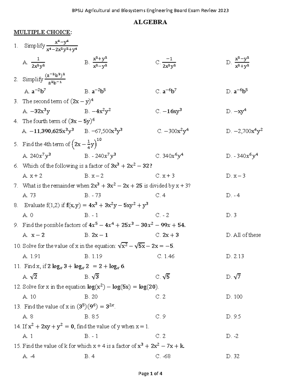 Algebra - Review Questions - ALGEBRA MULTIPLE CHOICE: Simplify x 4 −y 4 ...
