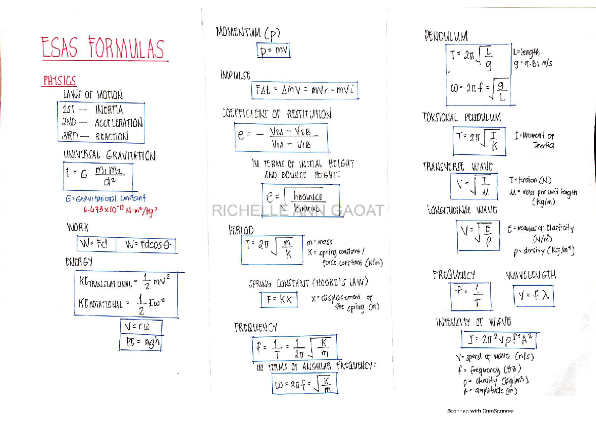 Physics Formulas and Concepts Summary for MV 211 - Studocu