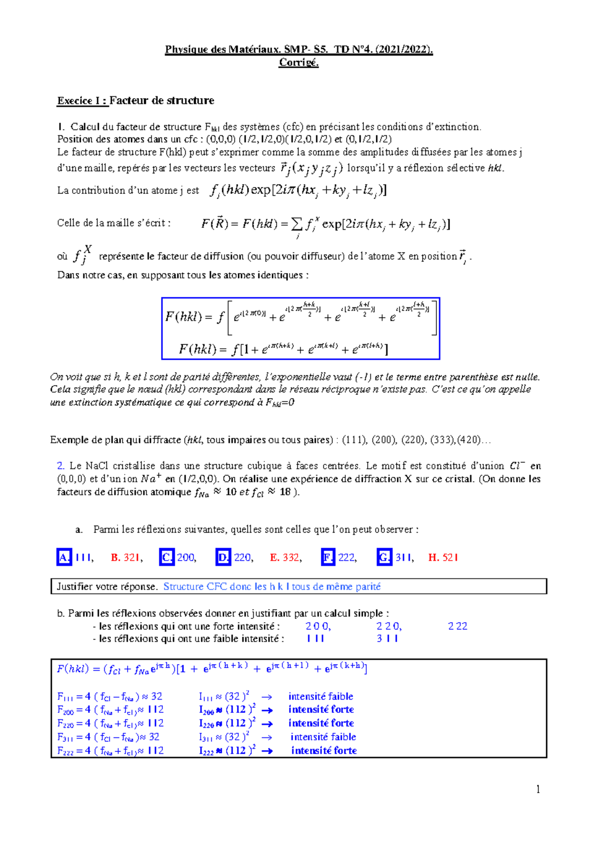 Corrigé TD N°4 2021 2022 - Physique des Matériaux. SMP- S5. TD N°4. (2021/2022). Corrigé ...
