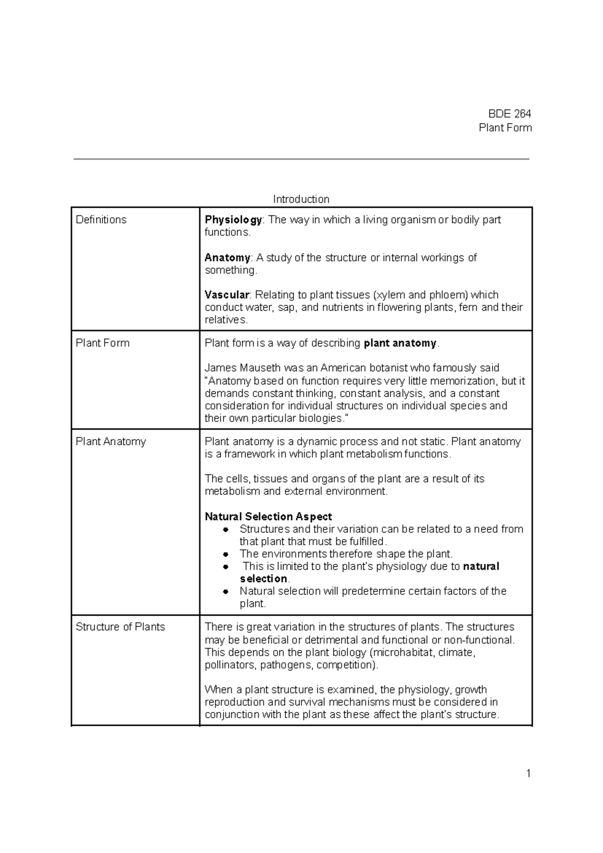 BDE 264 Final Exam Study Notes on Plant Form & Function - Studocu