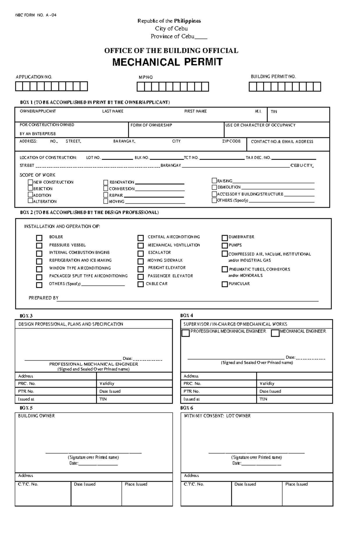 Mechanical Permit Application for Commercial Building (NBC FORM A-04 ...