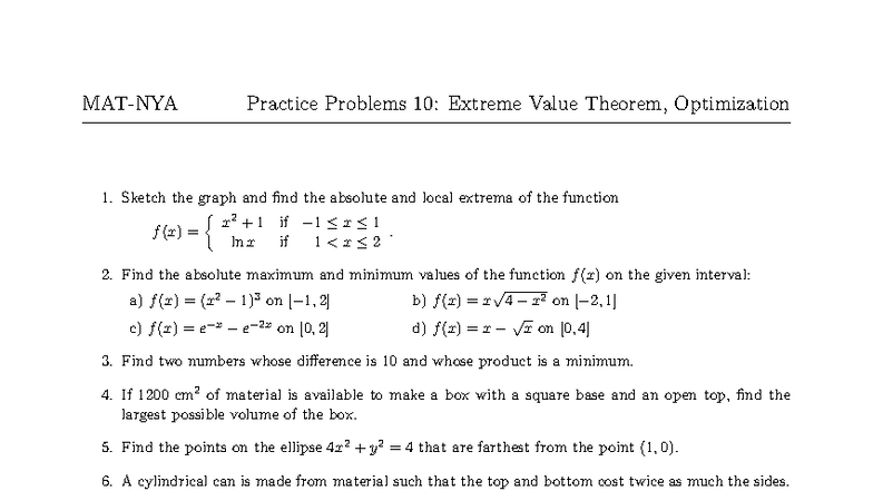 Optimizations Practice Problems: Extreme Value Theorem and Applications - Studocu