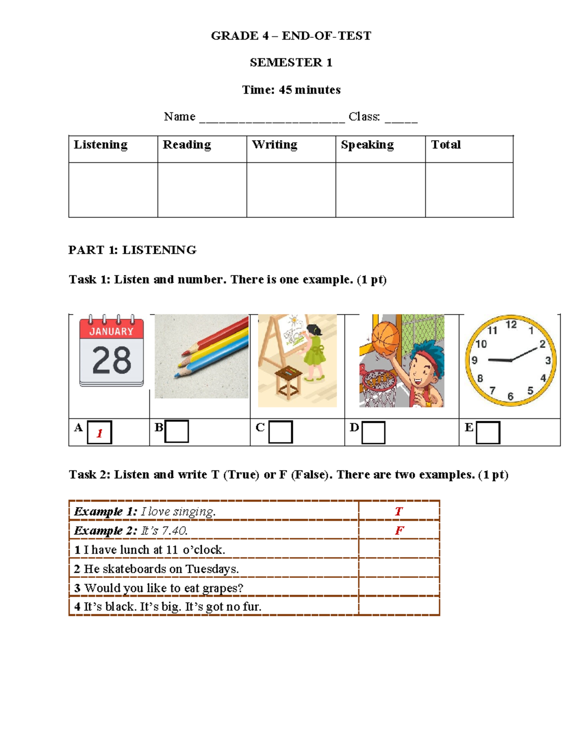 Grade 4 Semester 1 English Test: Listening, Reading, Writing, Speaking ...