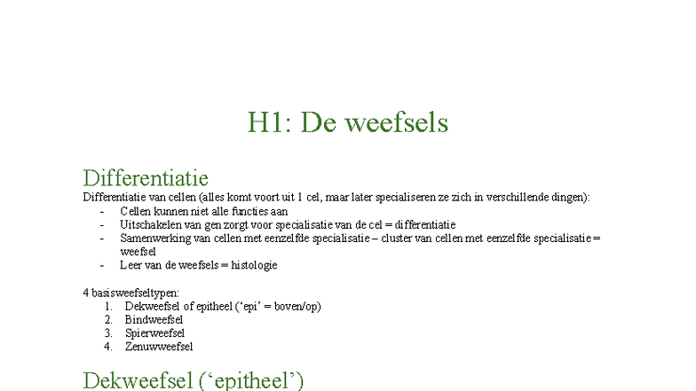 Samenvatting H1: Weefsels en Differentiatie van Cellen - Studocu