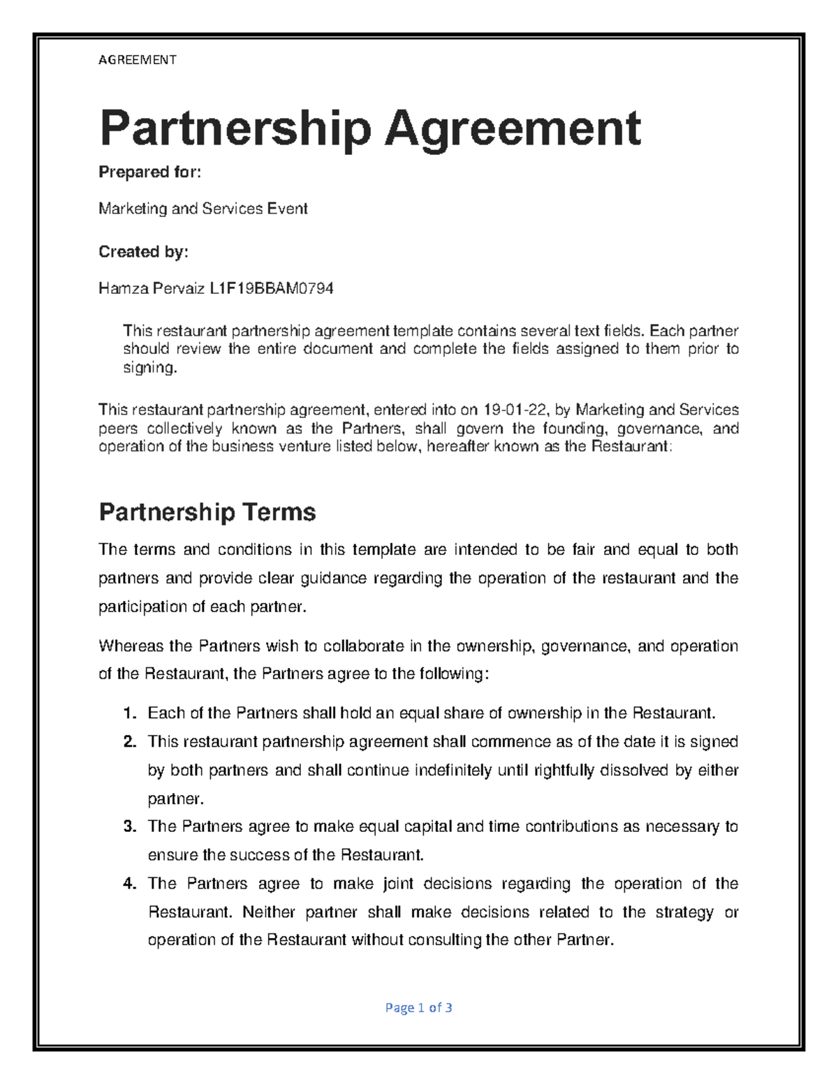 Partnership Agreement (Final) - AGREEMENT Page 1 of 3 Partnership ...