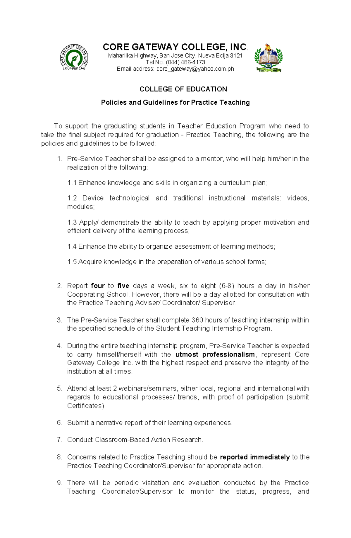Policies-and-Guidelines-for-PT - CORE GATEWAY COLLEGE, INC. Maharlika ...