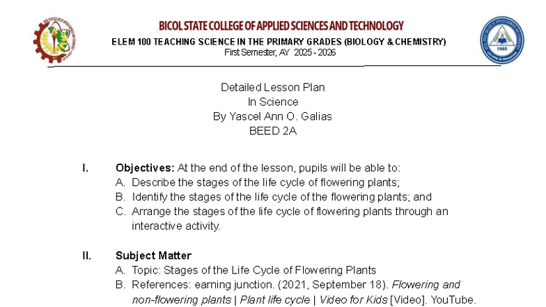 ELEM 100 Detailed Lesson Plan: Life Cycle of Flowering Plants - Studocu