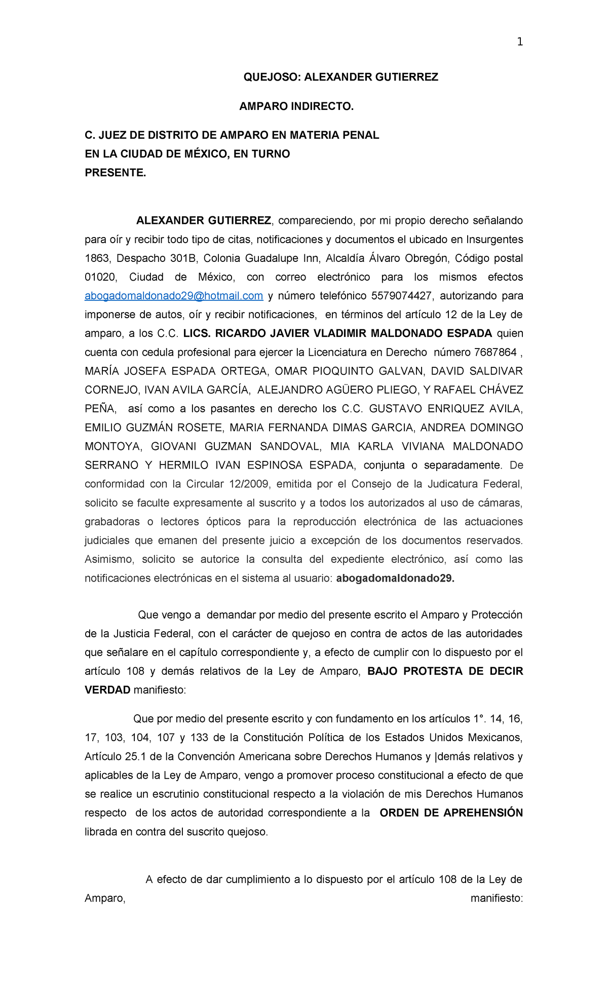 Amparo Indirecto en Materia Penal: Caso Alexander Gutierrez - Studocu