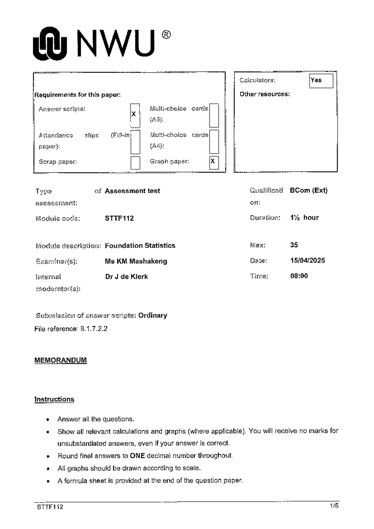 STTF112 Semester Test Memo 2025: Foundation Statistics - Studocu