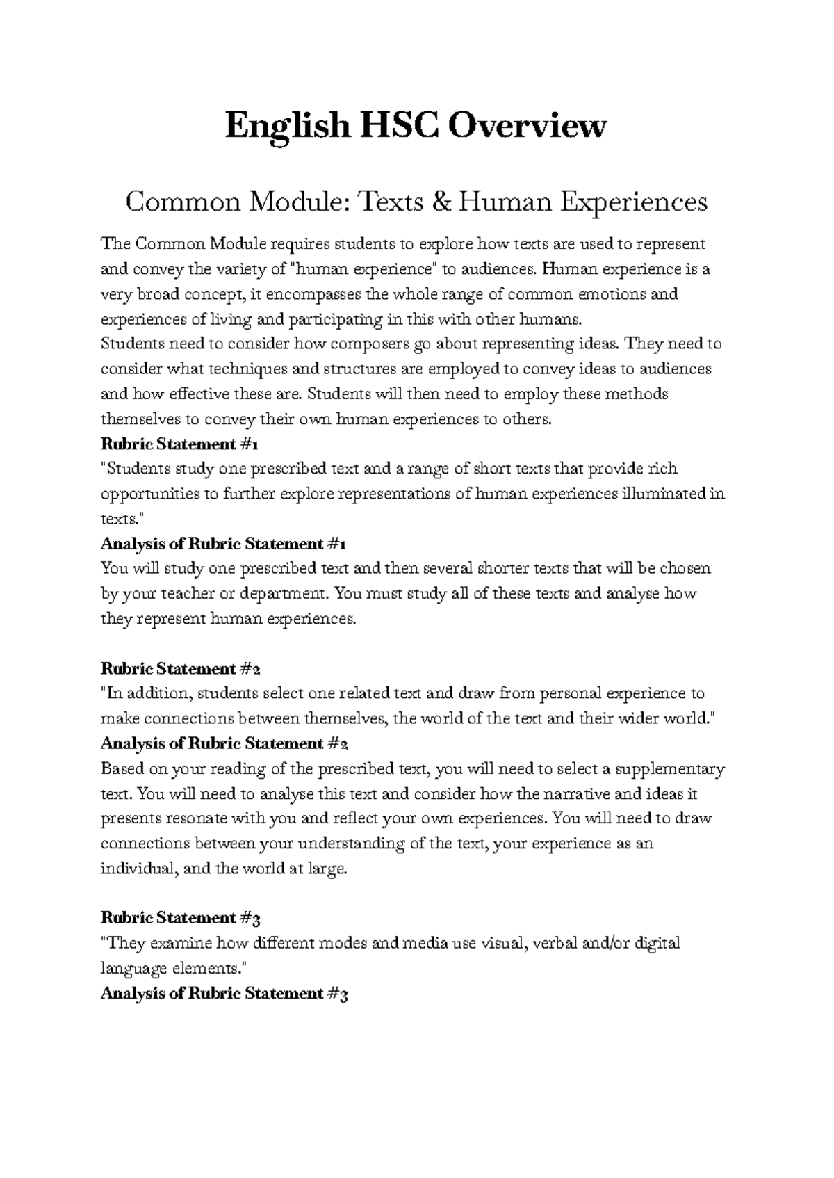 English HSC Common Module: Exploring Texts & Human Experiences - Studocu