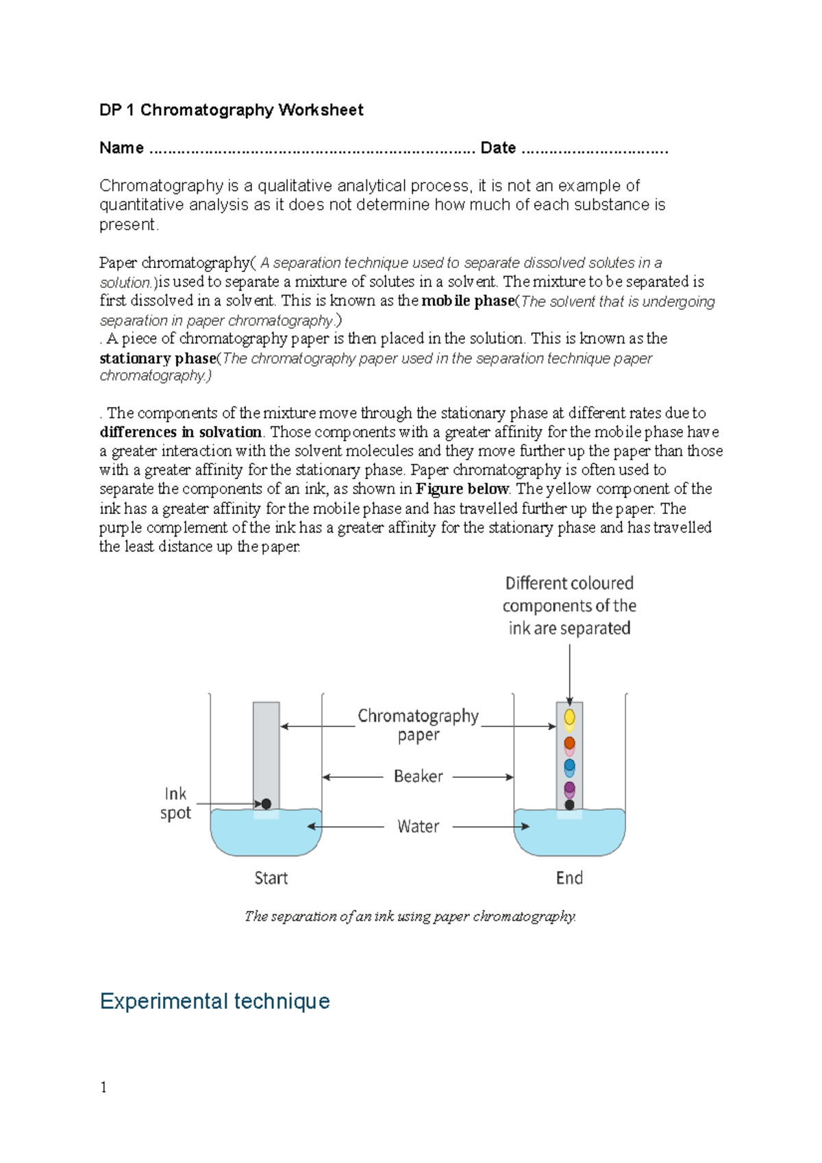 DP 1 Chromatography Worksheet: Analyzing Ink and Plant Pigments - Studocu