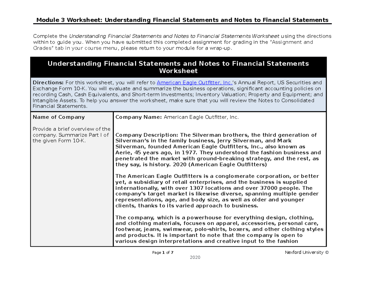 Module 3 Worksheet: Understanding Financial Statements - AE 022329 ...