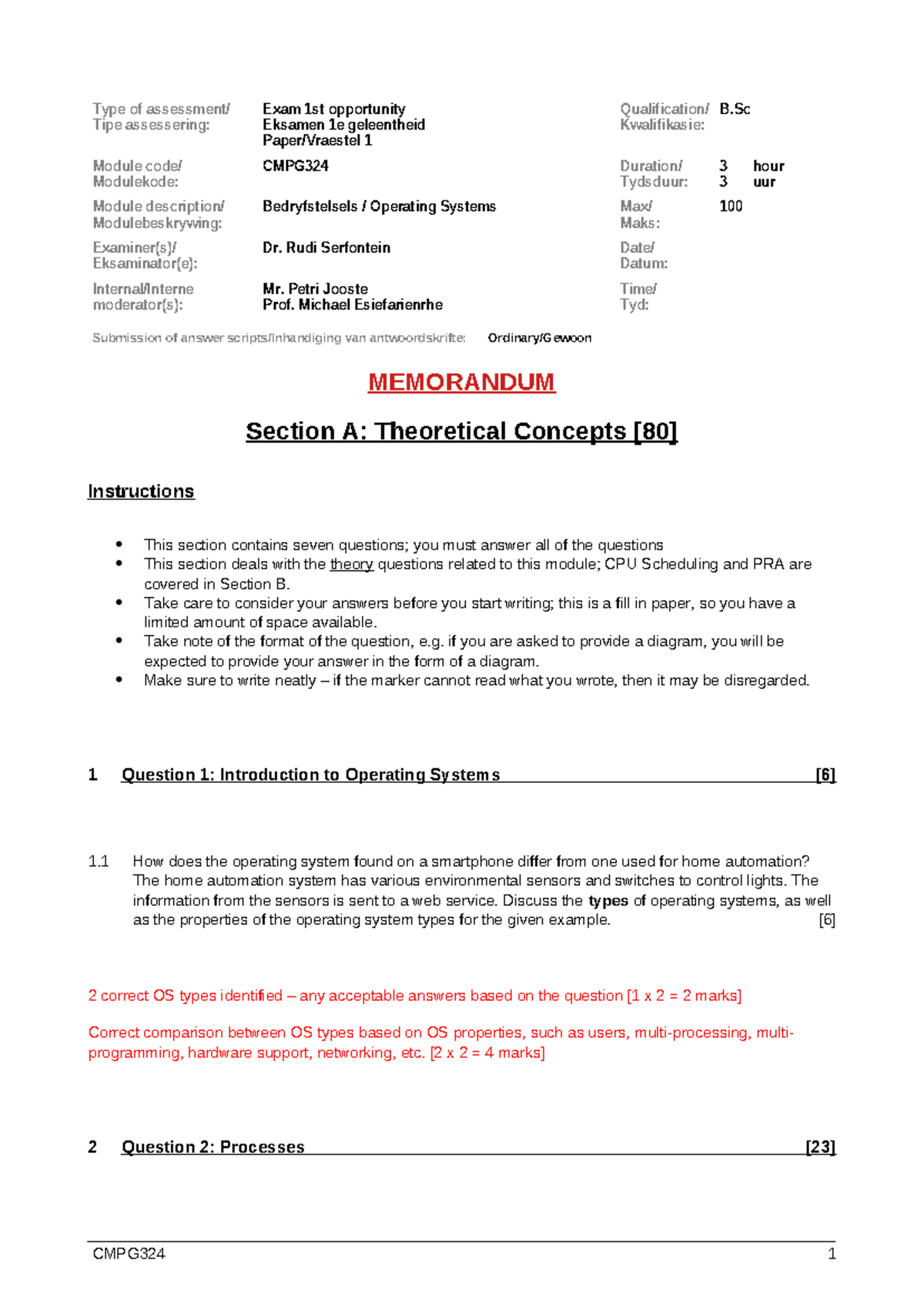 CMPG324 1st - MEMO - Exam Prep for Operating Systems & PRA - Studocu