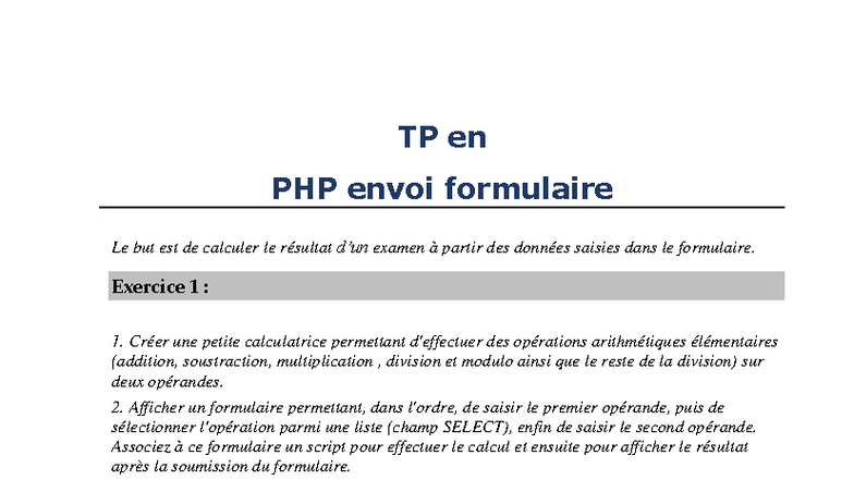 TP PHP: Envoi de Formulaire et Calcul de Résultat Examen - Studocu
