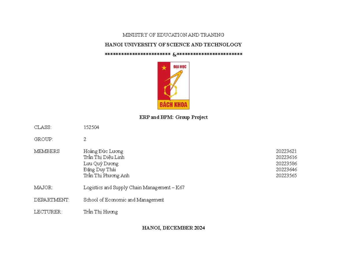 ERP and BPM Case Study: Vinamilk Group Project (Class 152504) - Studocu