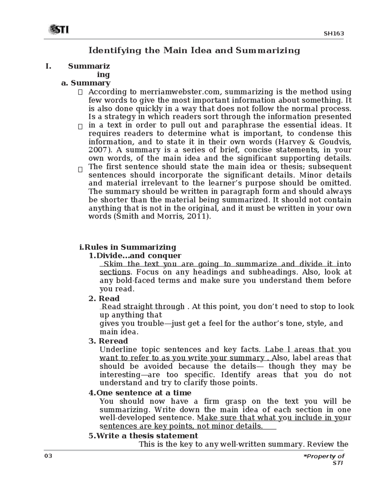 03 Handout 1 - R&W - 03 *Property of Identifying the Main Idea and ...