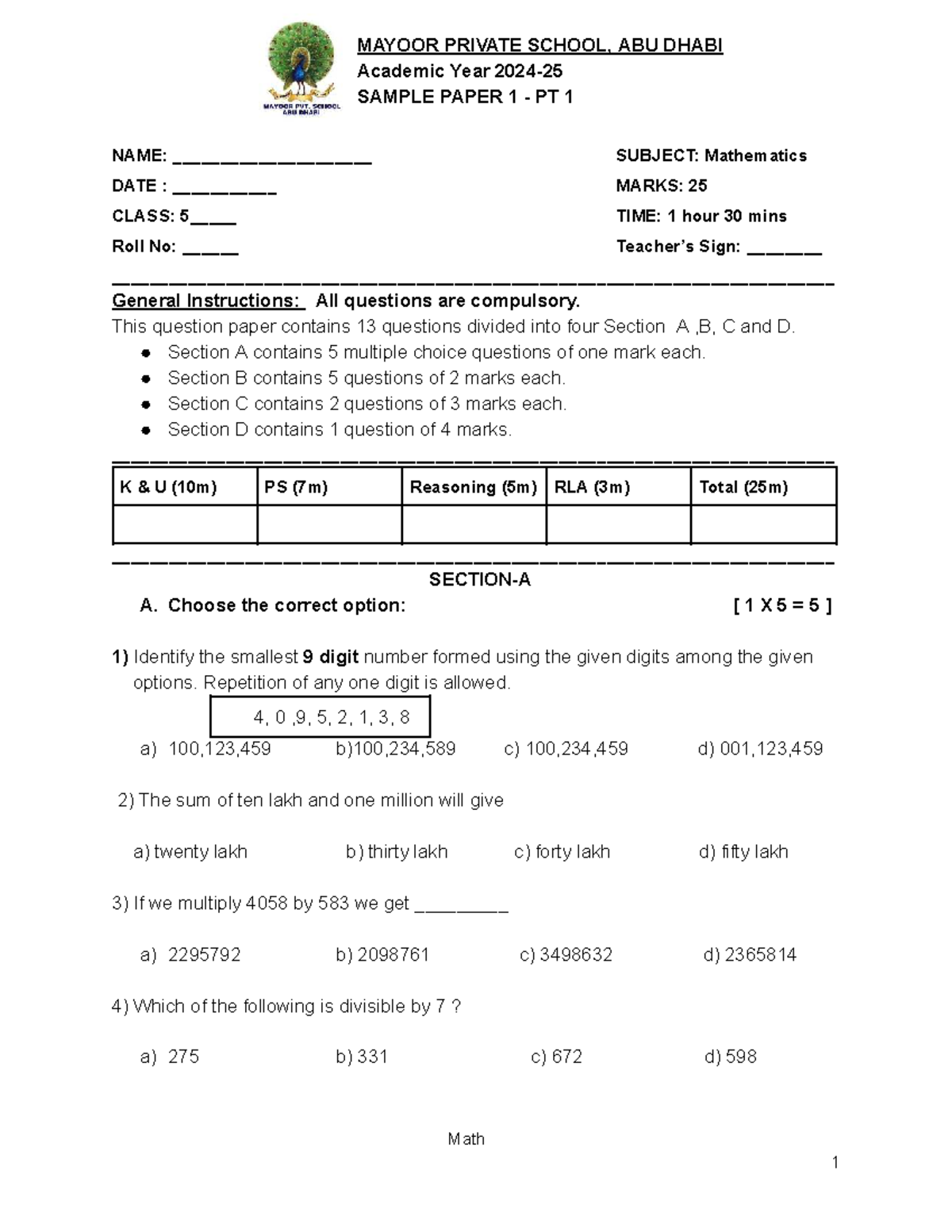 MAYOOR PRIVATE SCHOOL, ABU DHABI Grade 5 Math PT1 Sample Paper 1 - Studocu