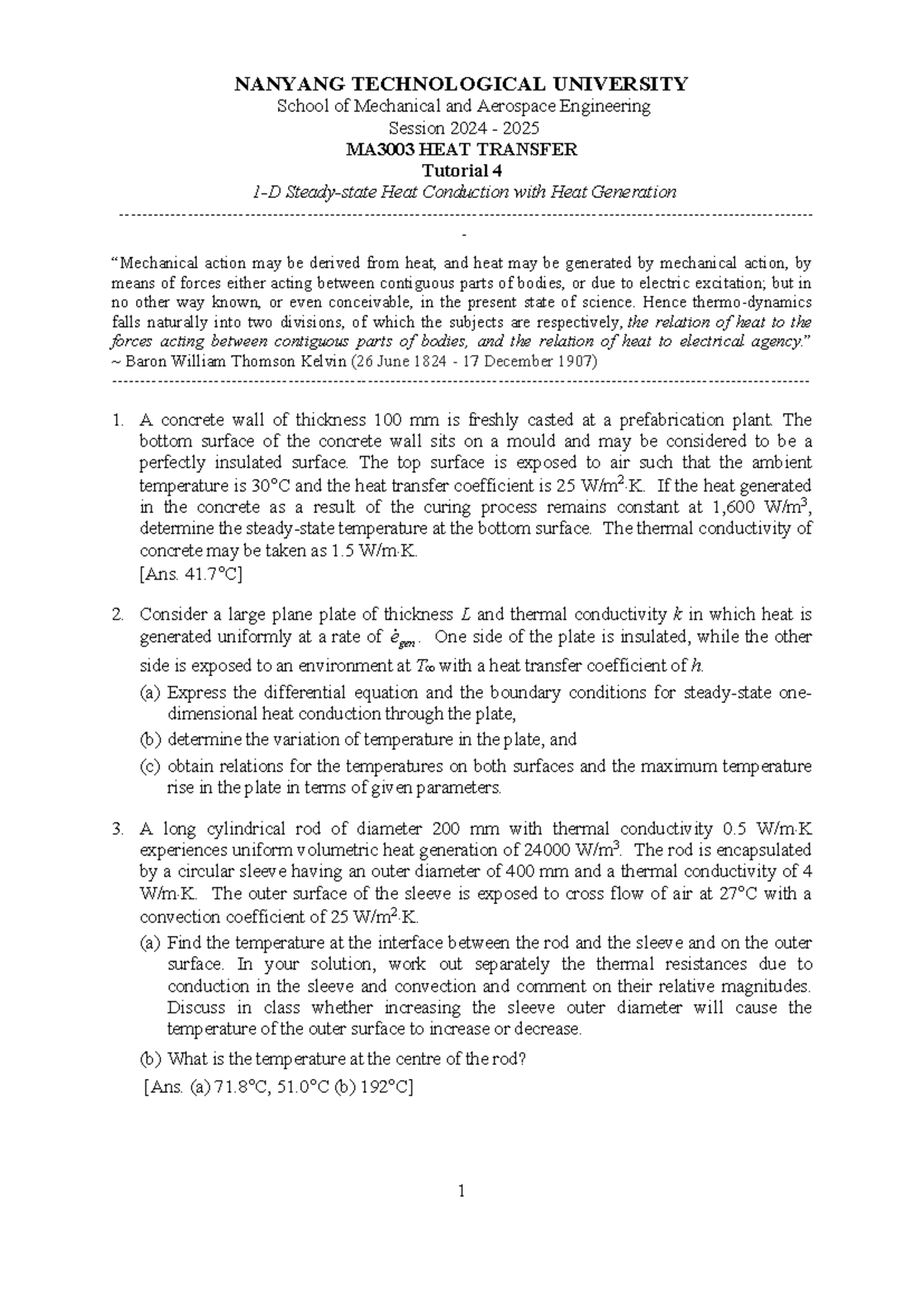 MA3003 HEAT TRANSFER Tutorial 4 Solutions: Heat Conduction & Generation ...
