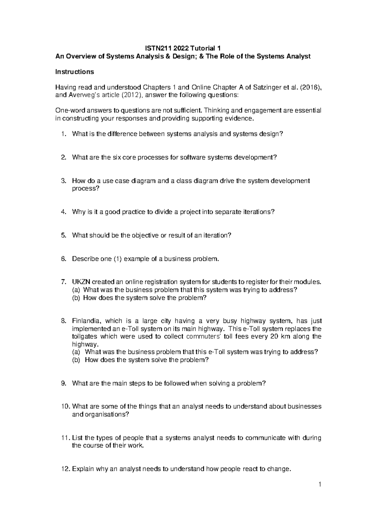 ISTN211 2022 - Tutorial 1 - 1 ISTN211 2022 Tutorial 1 An Overview of Systems Analysis & Design ...