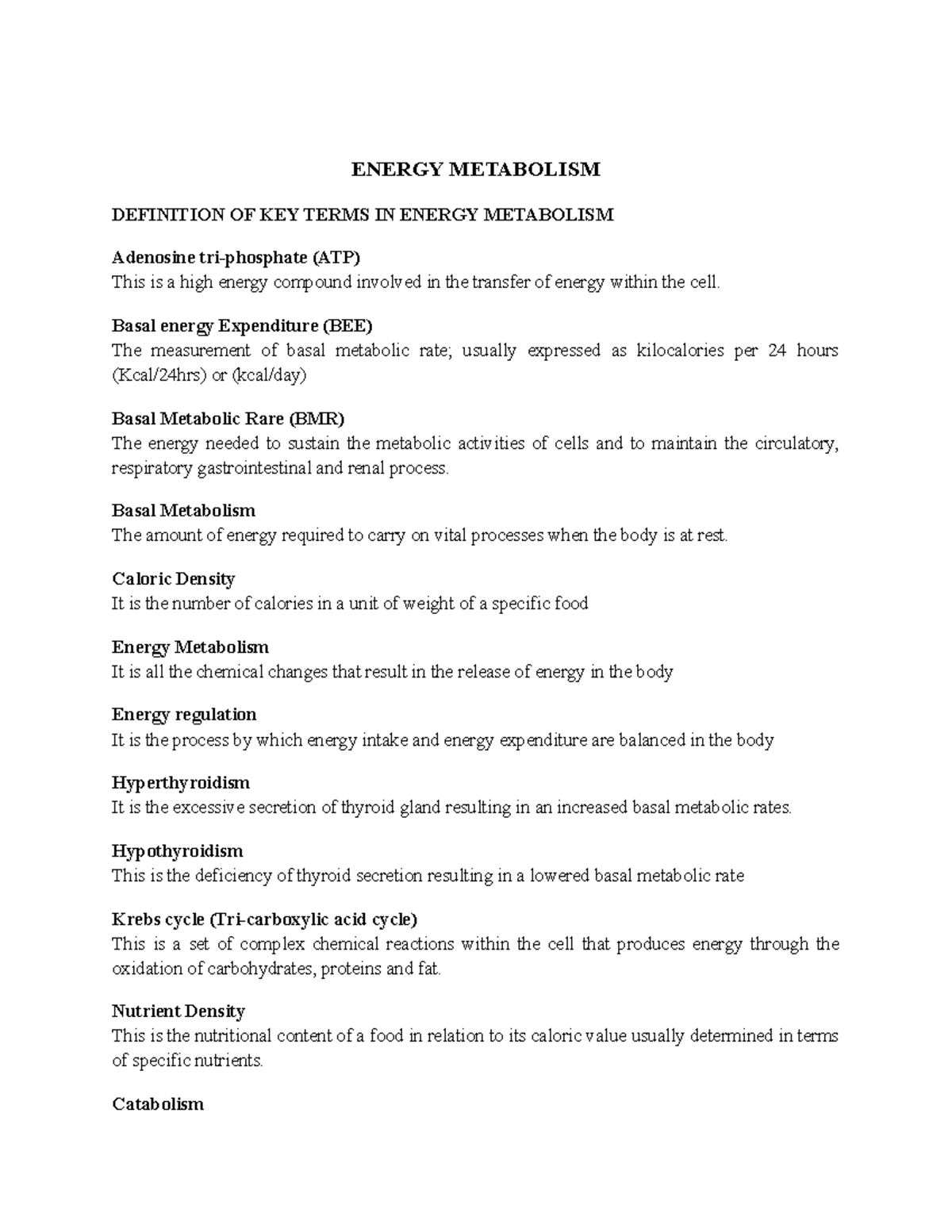 Energy Metabolism - Lecture Notes Overview and Key Concepts - Studocu