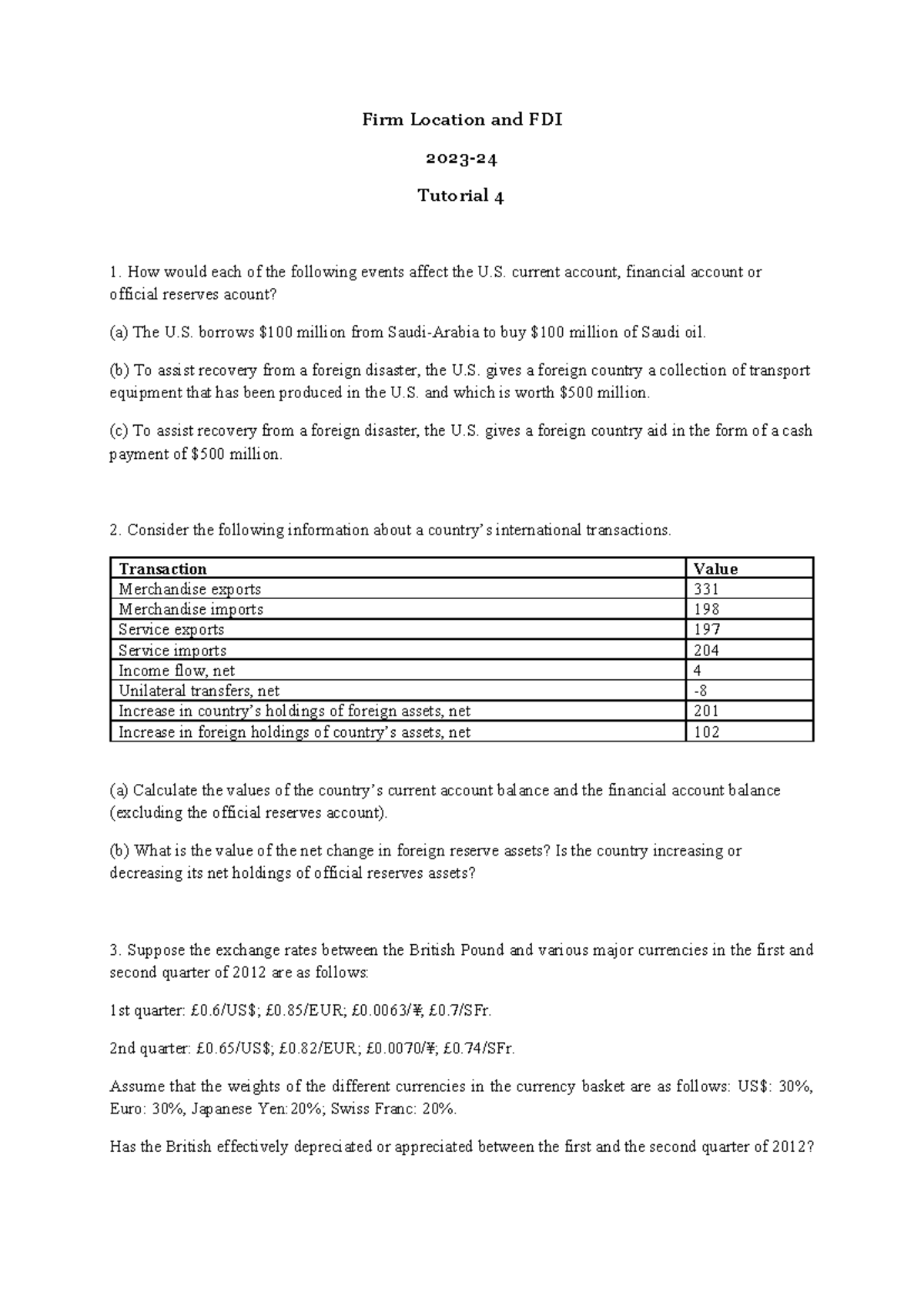 FDI Tutorial 4: Impact of Events on U.S. Accounts and Exchange Rates ...