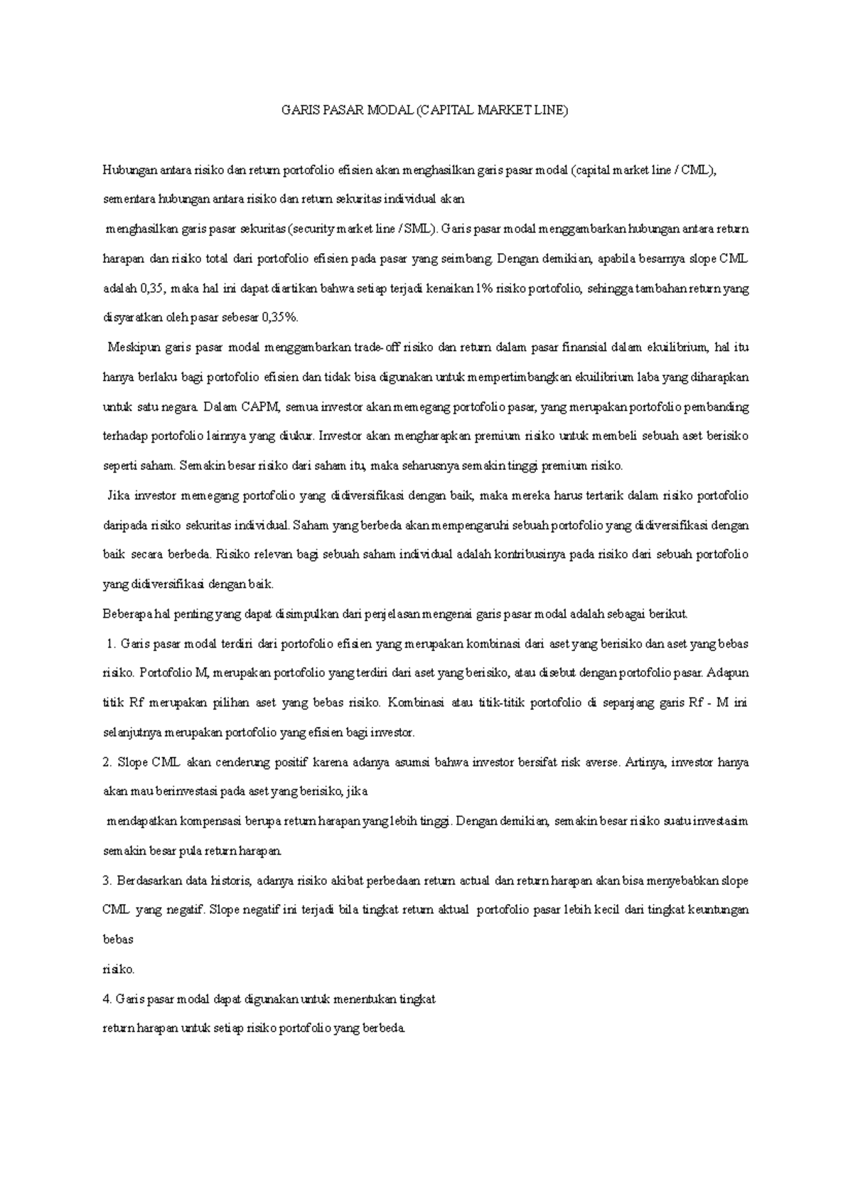 Garis Pasar Modal (Capital Market Line) dan Hubungan Risiko-Return ...