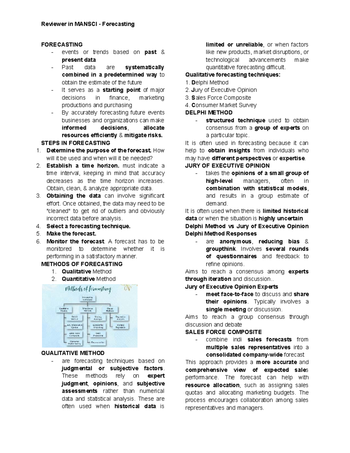 MANS 301 Midterm Review: Forecasting Techniques and Methods - Studocu