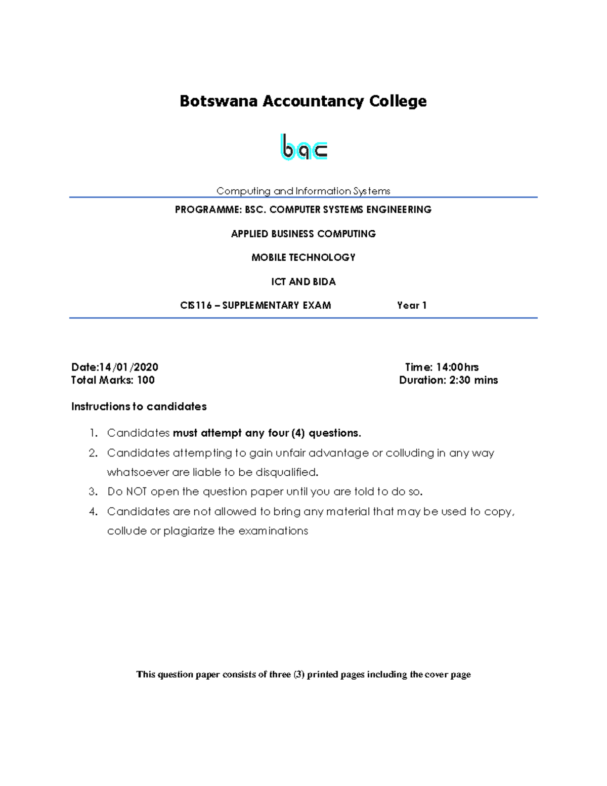 CIS116 - Supplementary Exam Paper - 2020 BSc Computer Systems Eng. - Studocu