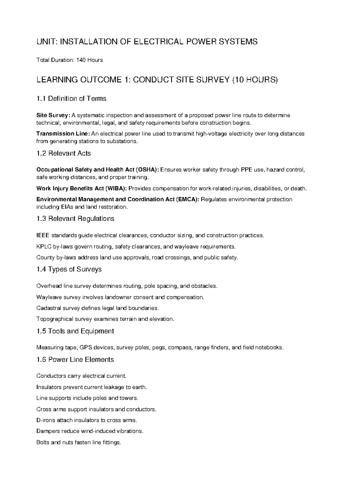 Installation of Electrical Power Systems Notes (140 Hours) - Studocu