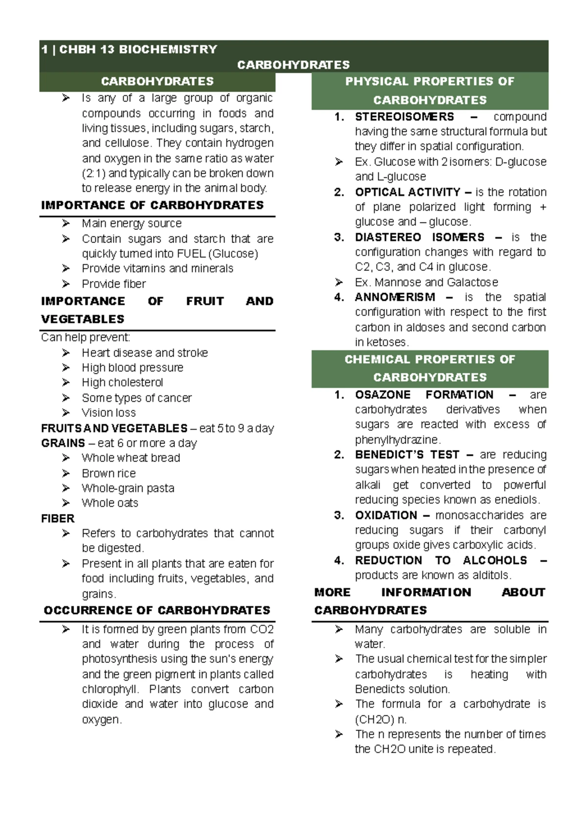 Biochem - Lecture Notes on Carbohydrates and Their Importance - Studocu