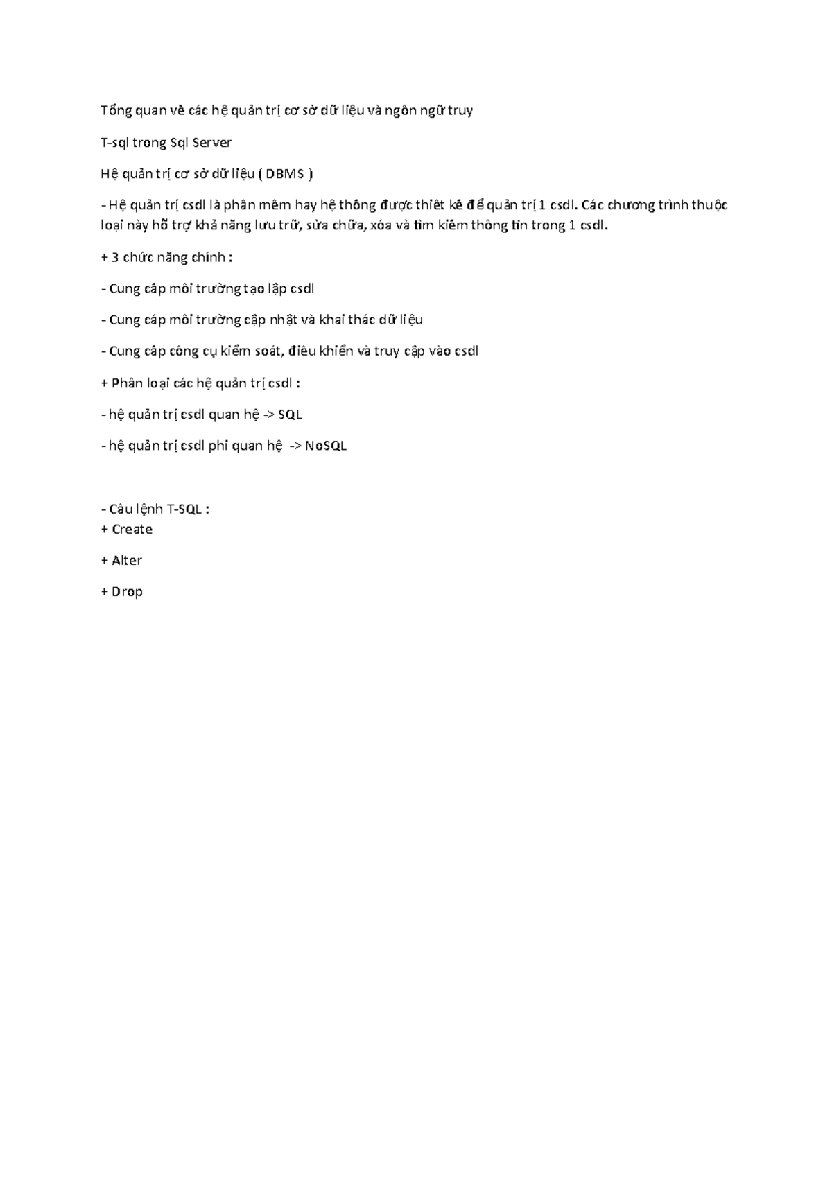 Tổng quan về DBMS và T-SQL trong SQL Server - Studocu